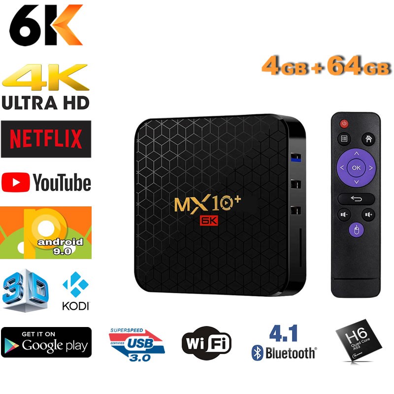 MX10 Plus Smart Android TV Box Android 9.0 HD 4K Media Player 6K 4GB ...