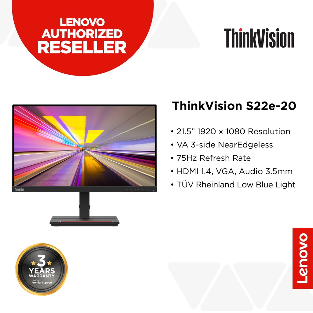 Lenovo ThinkVision S22e-20 Monitor, 21.5" VA Panel, 1920x1080, 3-Years ...