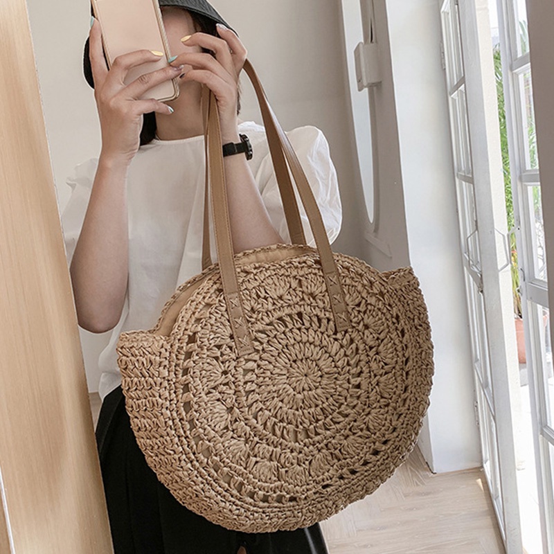 Summer Large Capacity Round Straw Shoulder Bags for Women Rattan ...
