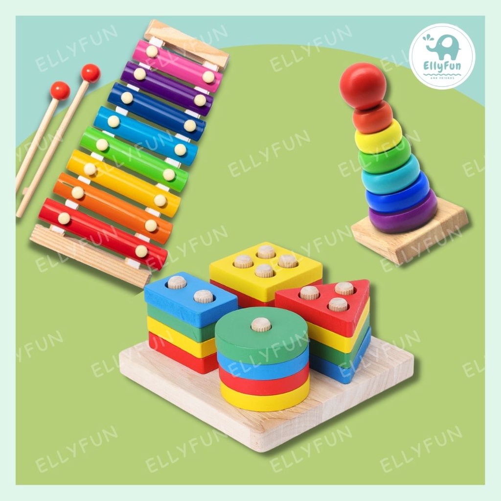 Ellyfun Wooden Educational Toy Gift Set Shape Sorter Toys for Kids ...