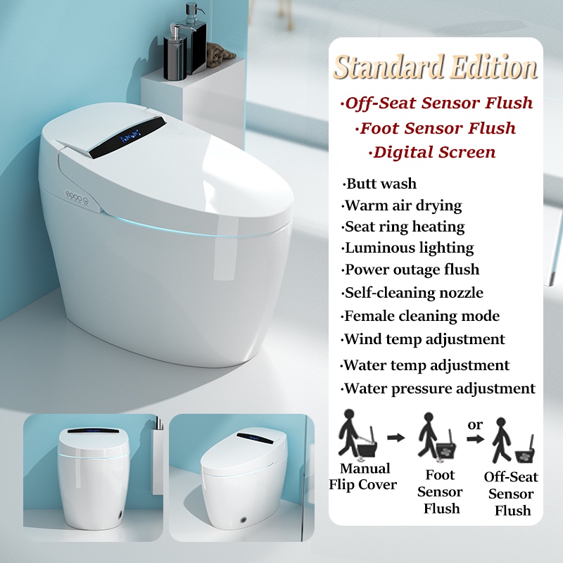 Smart Toilet Dual Mode Auto Flip Cover Adjustable Temp Seat Ring/Water ...