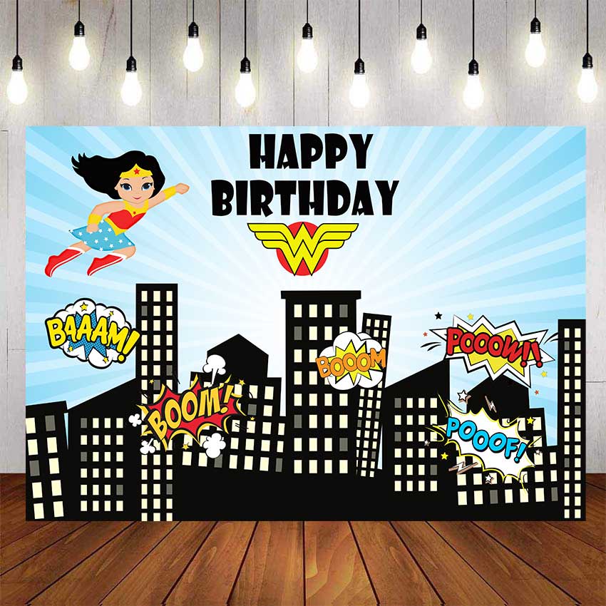 Wonder Girl Birthday Party Backdrop Wonder Woman Superhero Cityscape ...
