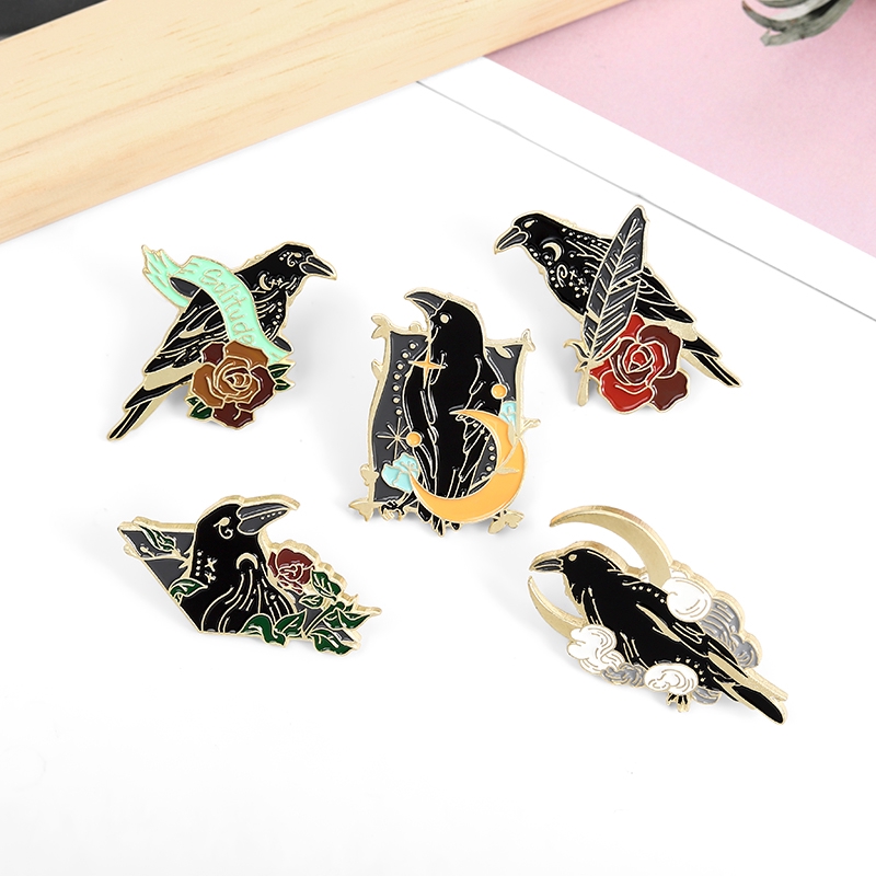 Dark Animals Hard Enamel Pins Moon Stars Rose with Black Feathers Bird ...