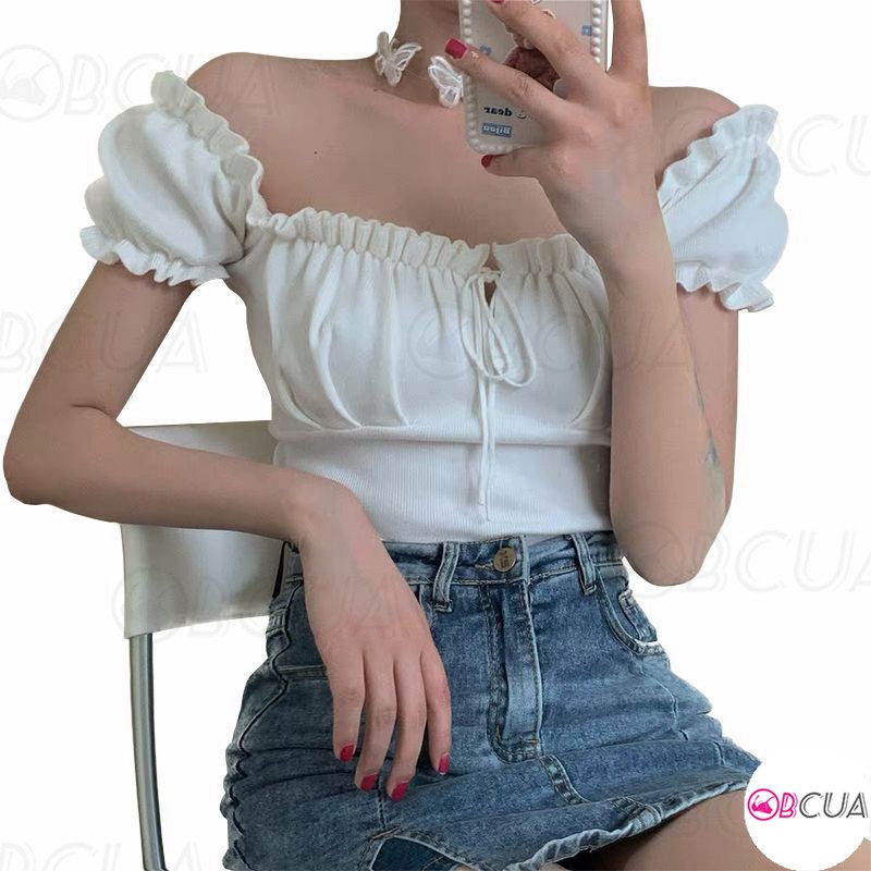BCUA Smocked Puff Sleeve Short sleeves Crop Top Off Shoulder High ...