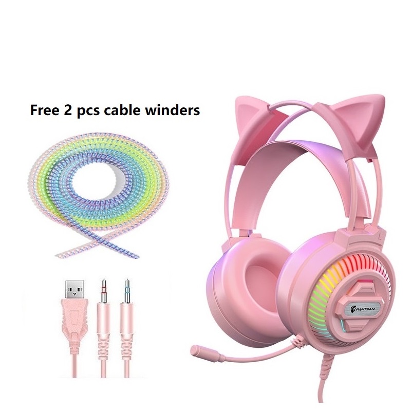 RGB LED Pink Cute Wired Cat Ear Girl Gamer PC Gaming Over Ear ...