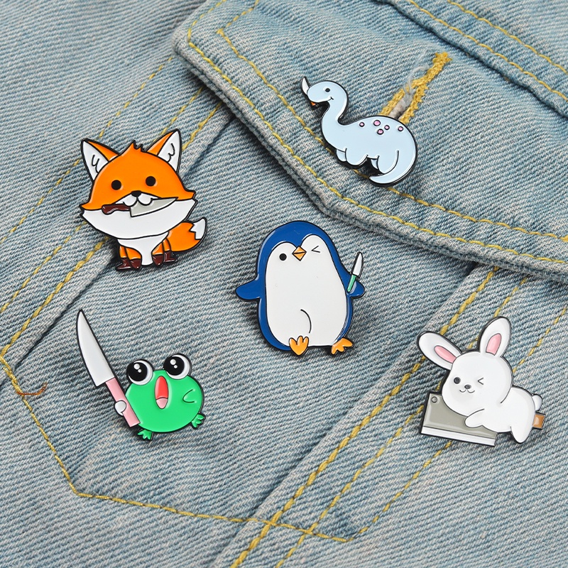 Cartoon Penguin Brooch Rabbit Frog Metal Pin Dinosaur Badge Fox Animal ...