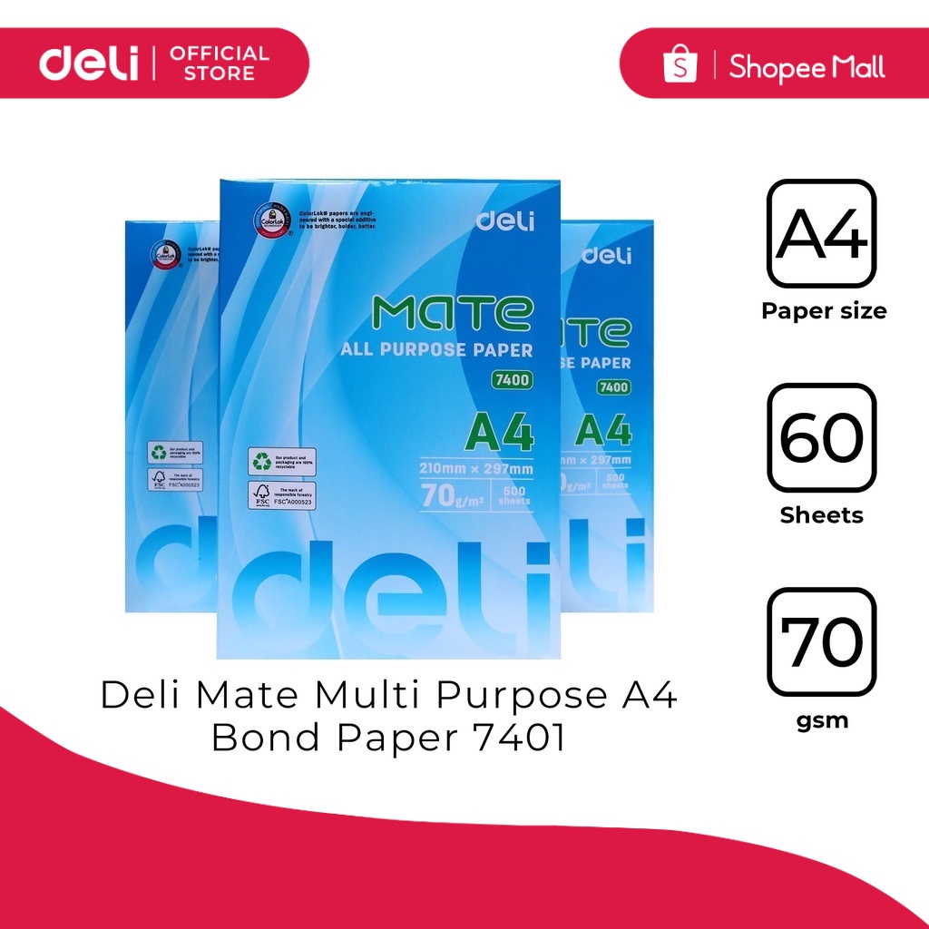 Deli 7401 Mate Multi Purpose A4 Bond Paper 5 Reams (Max. 20 reams per ...