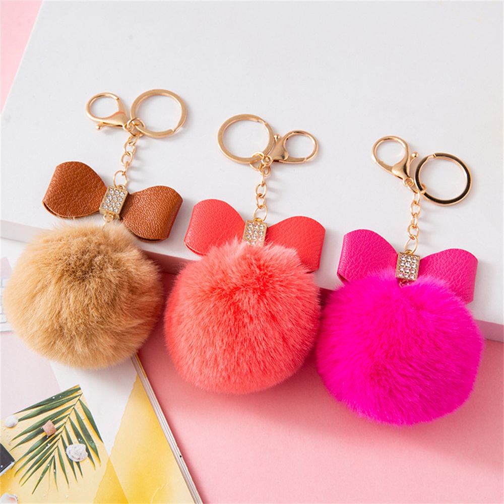 Creative Diameter 8CM Pompom Pendant Keychain Cute PU Bow Tie Keyring ...