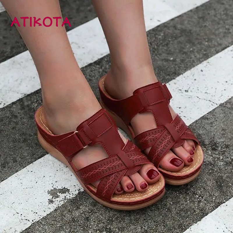 Women Open Toe Hook Loop Sandal Casual Comfy Walking Wedge Sandals ...