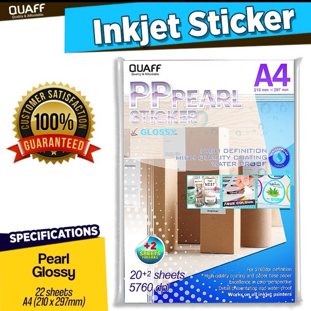 QUAFF PET Printable Label Sticker Waterproof 180GSM A4 Size ( PP Pearl Glossy & Matte / Aluminum ...