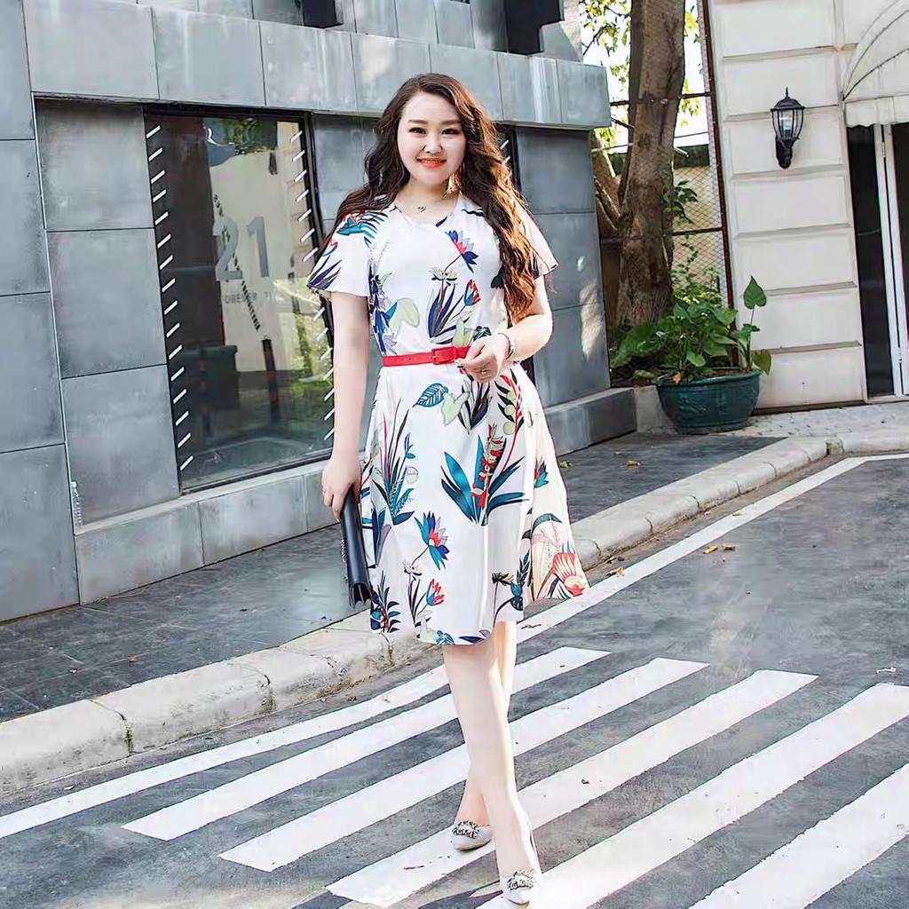 S423 Miss Muse V-neck Floral Plus Size Dress with Belt | Shopee Philippines