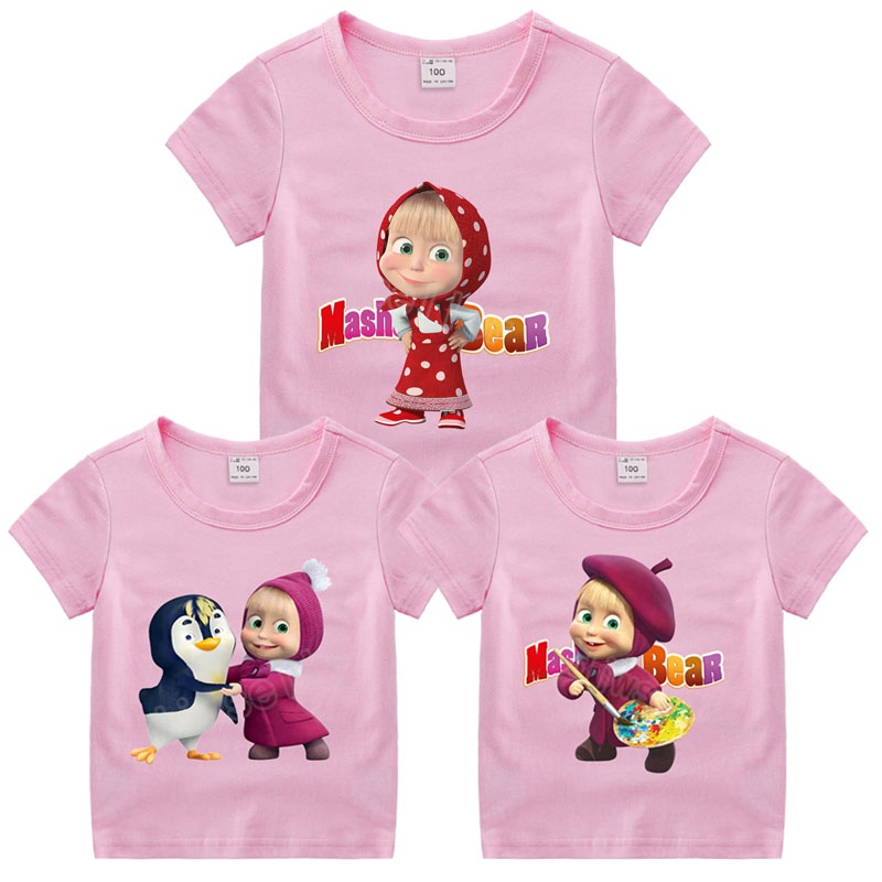Masha and The Bear Girl Clothes Pink Cartoon Printed Kids T-Shirt ...