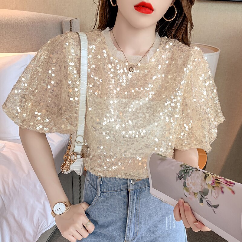 Women Sequined Top Short Sleeve Bling Shiny T Shirt Lady sparkling T ...