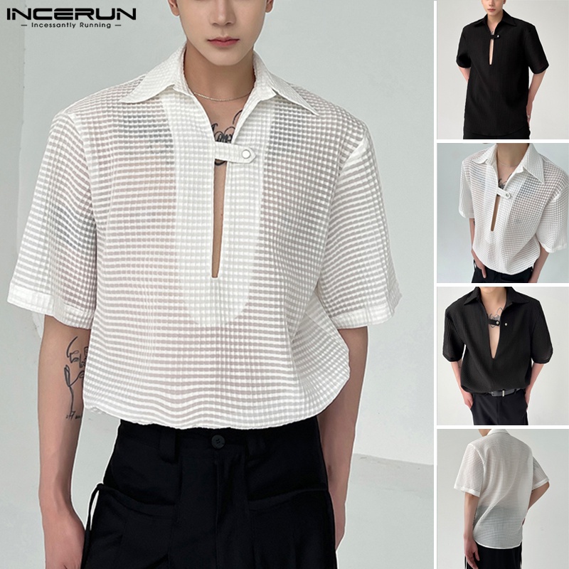 INCERUN Mens Short Sleeve See Through Mesh Collared Solid Deep V Polo ...