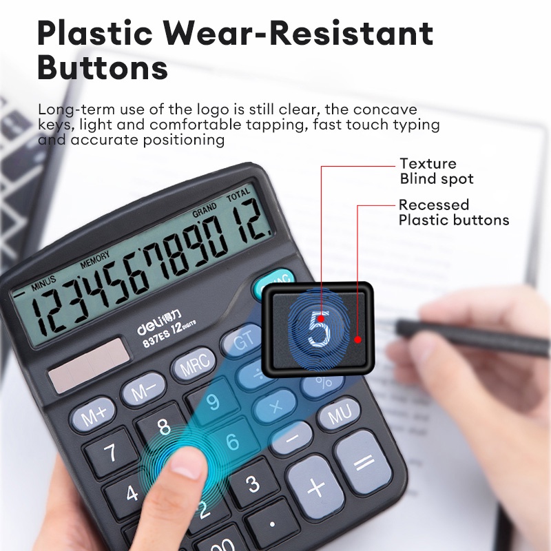 Deli 837ES Portable Desktop Electronic Calculator 12-Digit Large LCD Display Scientific ...