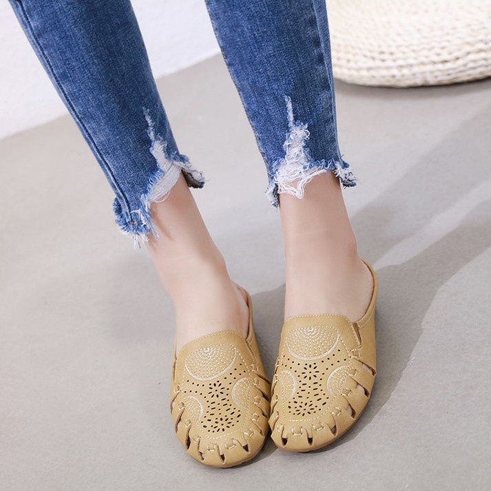 FJ Women's Leather Half Shoes Backless Slip On Slide Loafer Shoes Round ...