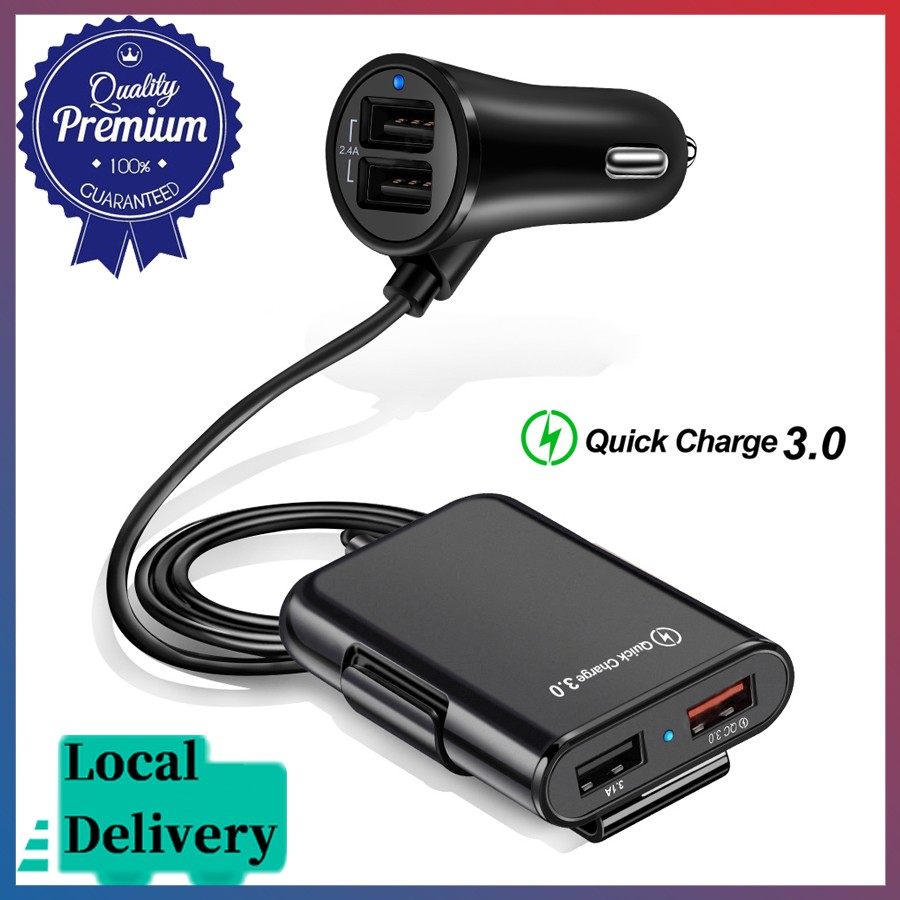 【Local Delivery】 4 Ports USB Car Charger Front Back Seat QC3.0 Quick ...