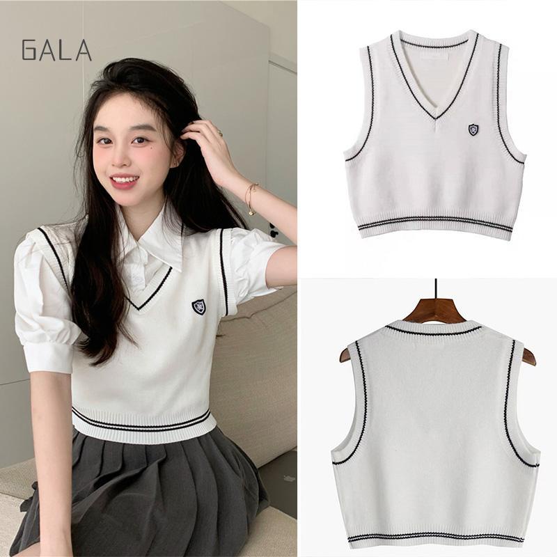 Korean Women‘s Vest Preppy Style V-neck Cropped Knitted Vest Top GA ...