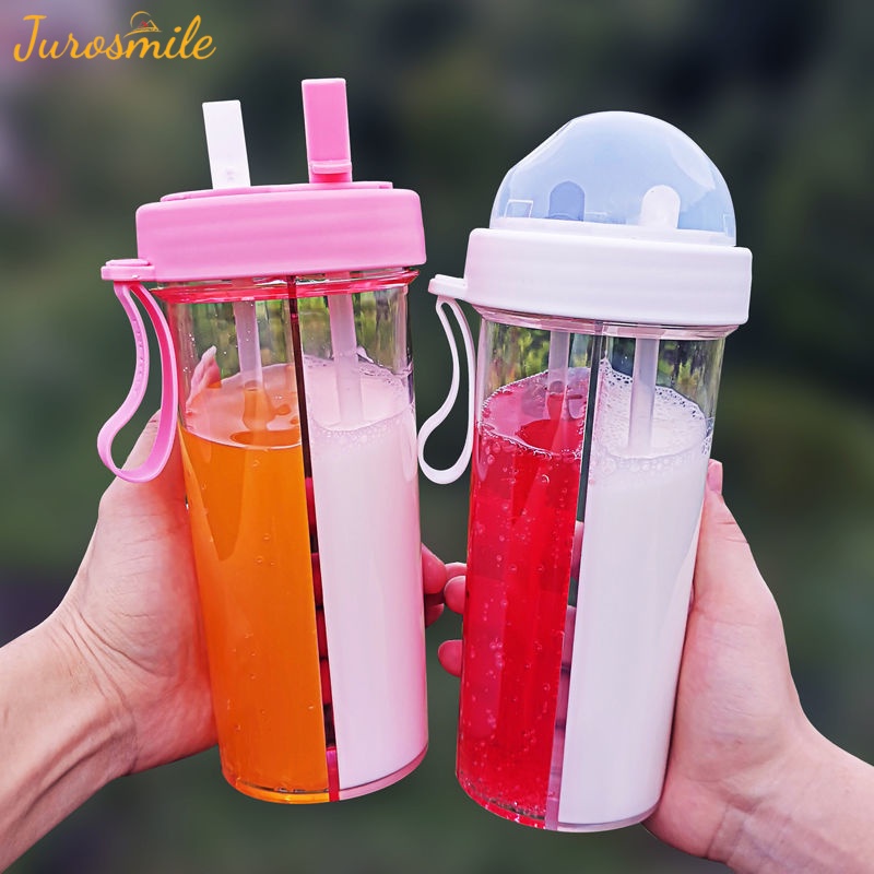 600ml Portable Dual Straw Aquaflask Separate Drink Water Beverage ...