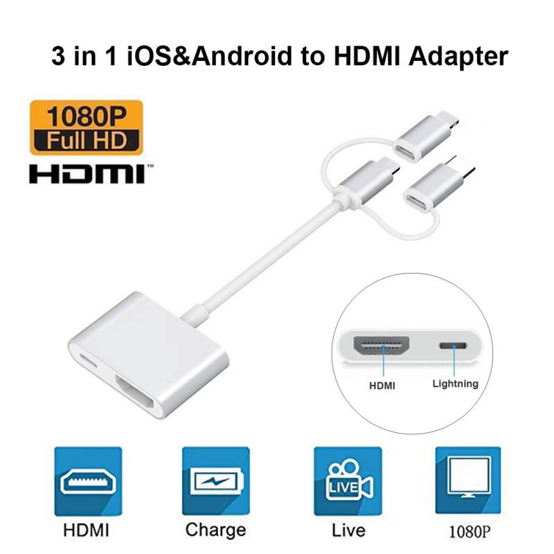 3 in 1 to HDMI adapter iOS Micro USB Type-C to HDMI HD Cable 3-in-1 ...