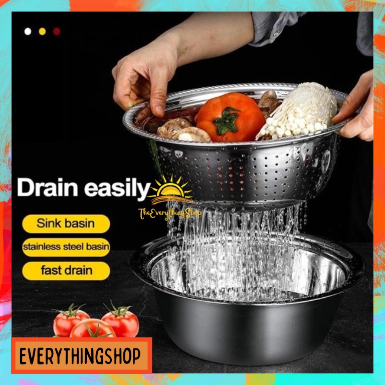 3 in 1 Stainless Steel Basin Drain Fruit Basket Vegetable Strainer ...