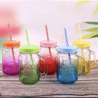 500ml Colored Mason Jar With Reusable Straw Bottle Glass Mug Emboss ...