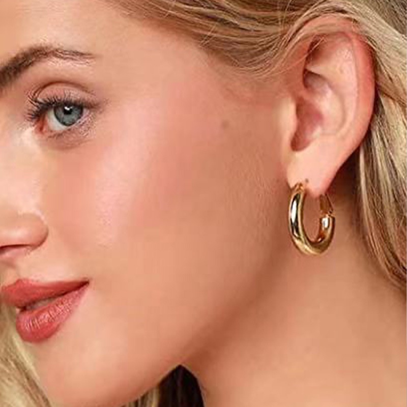 EASY ZHOU Chunky Hoop Earrings Stainless Steel Smooth Hollow Gold Color ...