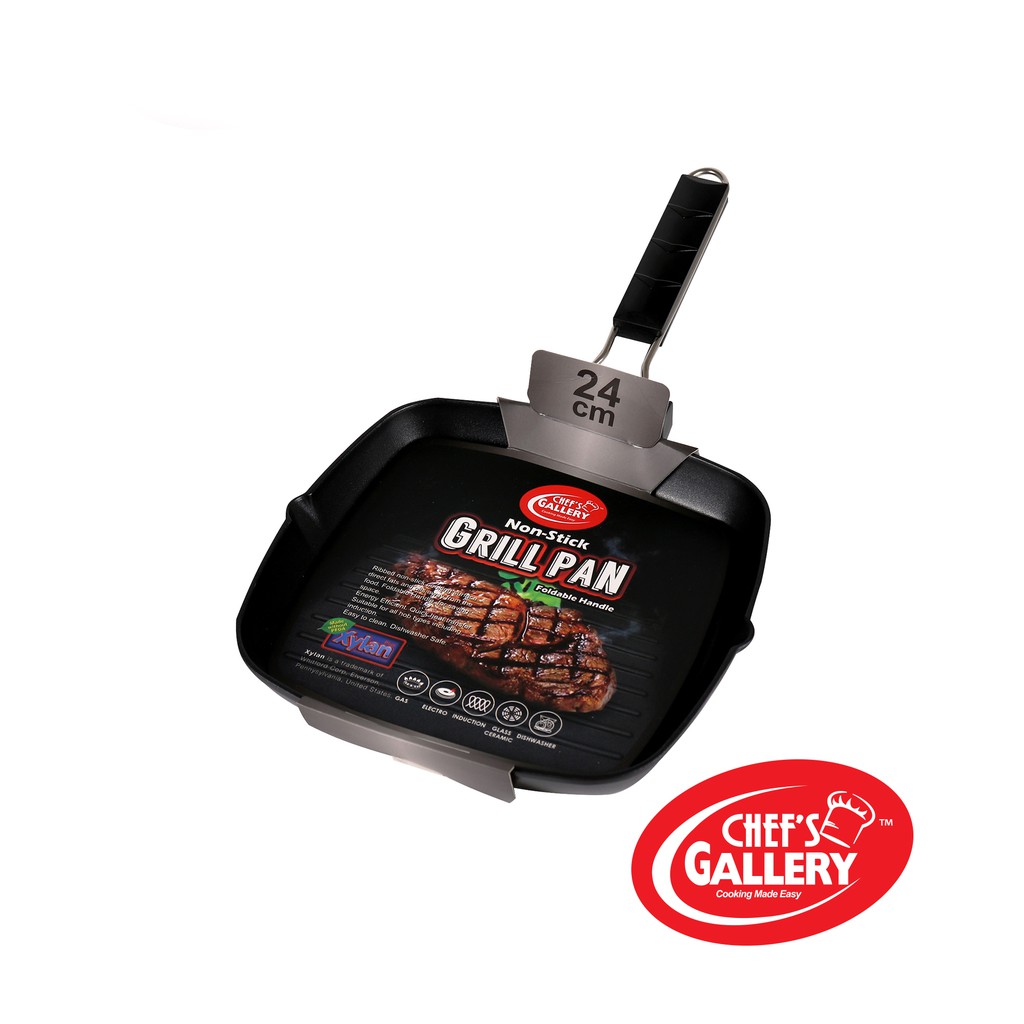 CHEF'S GALLERY Induction Square Grill Pan 24 CM NonStick With Foldable ...