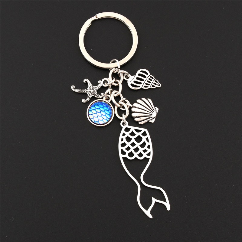1PC Vintage Bule Fish Scale Shell Star Fish Charms Keyring Mermaid Tail ...