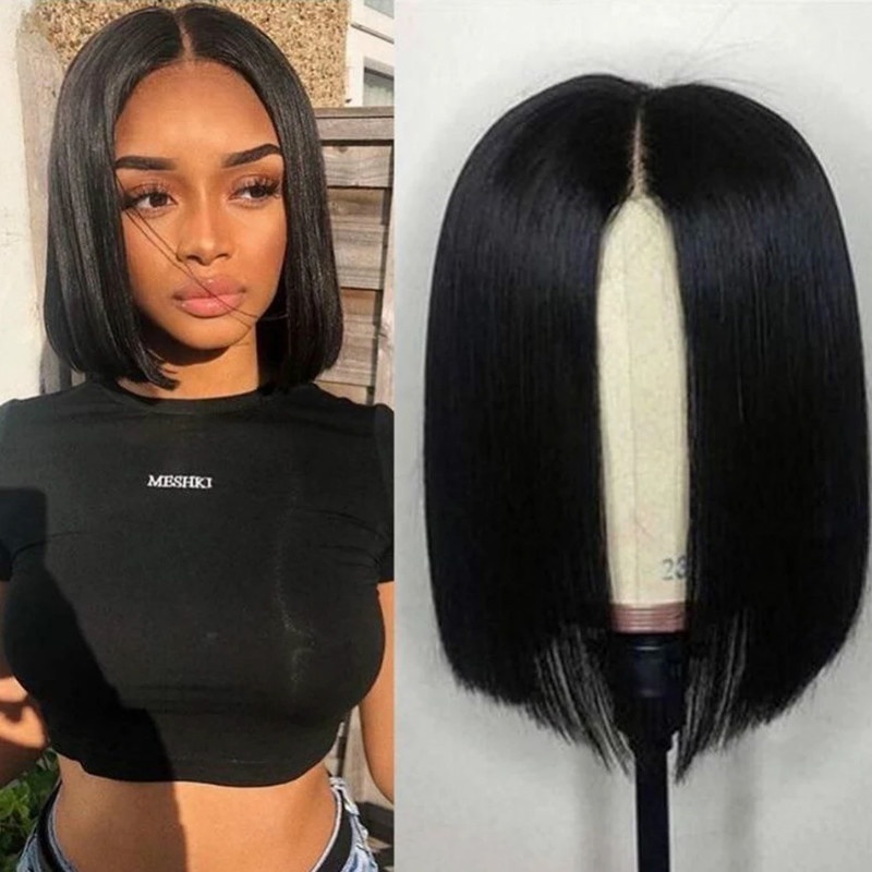 Women's wig, black short straight hair, split Bobo head, high ...