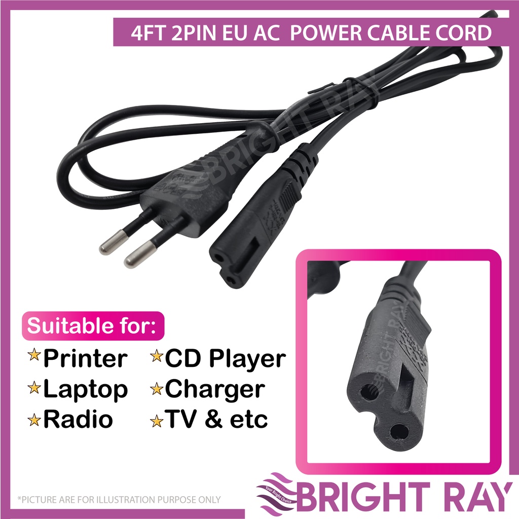 4FT EU 2 Pin AC CORD 2-Prong Port Power Cable Cord Adapter Figure 8 for ...