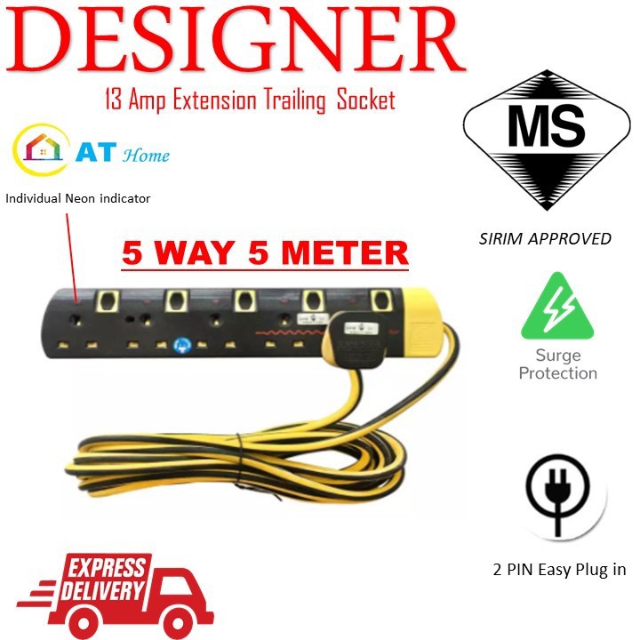 5 Way Universal Portable Multi Designer 13amp Power Extension Trailing Socket W Sirim Approved