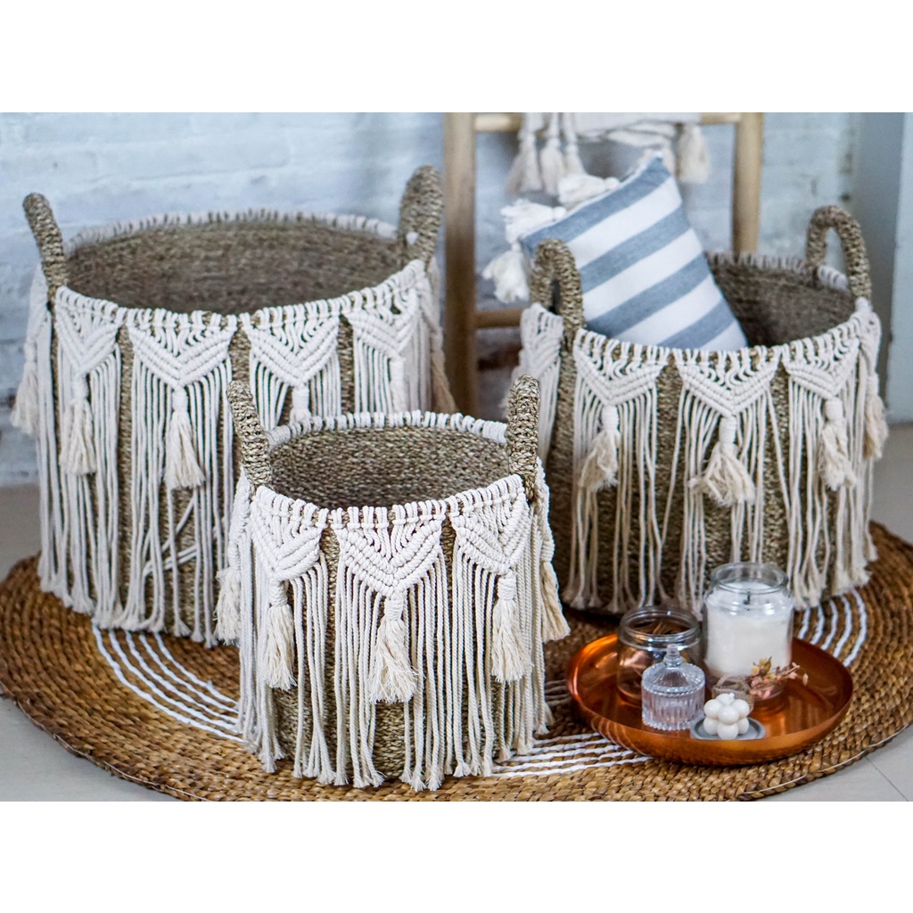 Homey Craft Basket - Seagrass Macrame Basket - Set of 2 (Small & Medium ...