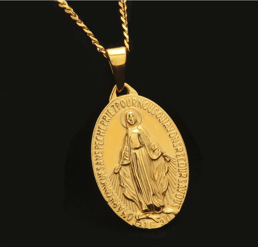 Stainless steel gold-plated cross magic medal pendant Miraculous Medal ...