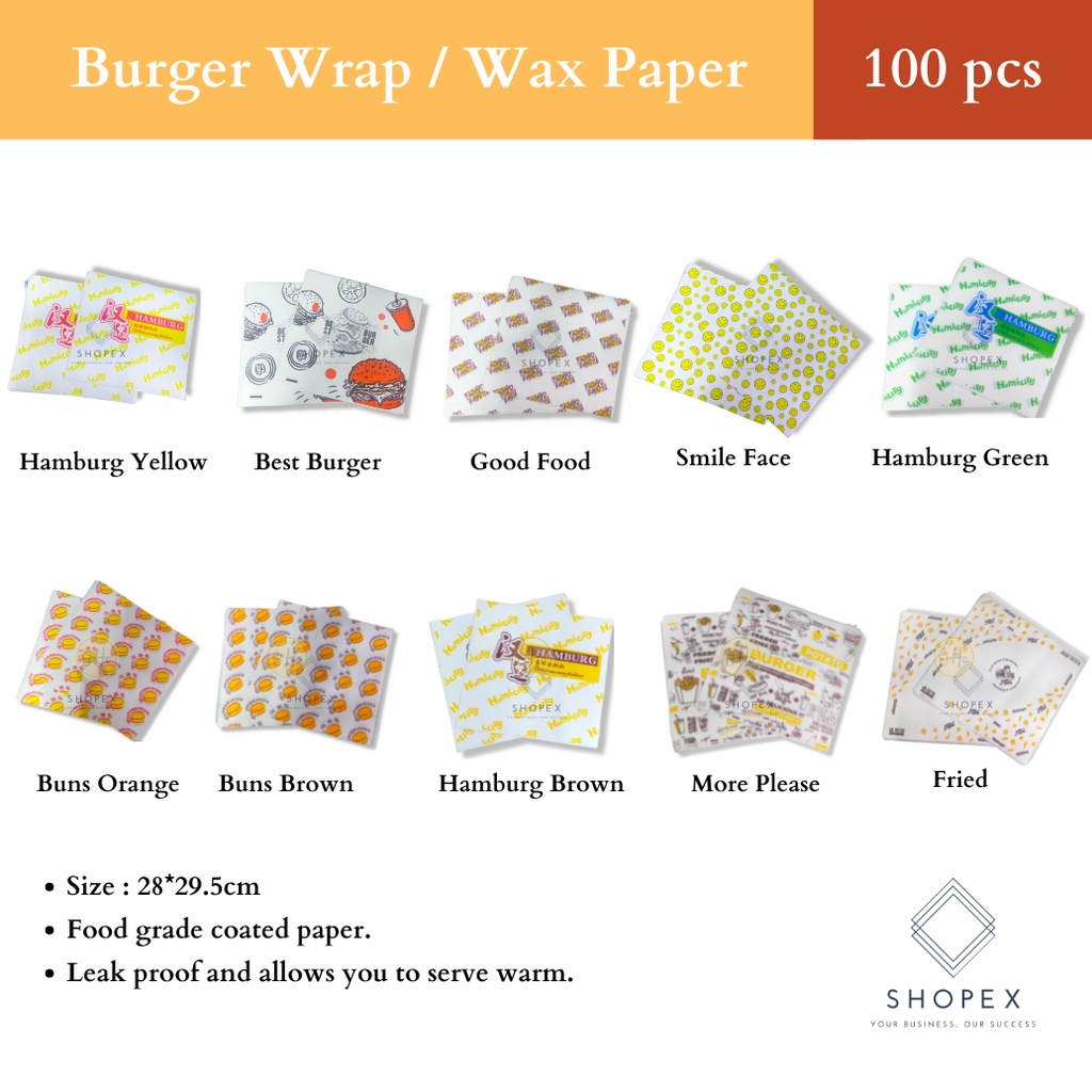 100 PCS Wax Paper/ Burger Wrapper Non Grease Cake Greaseproof Burger ...