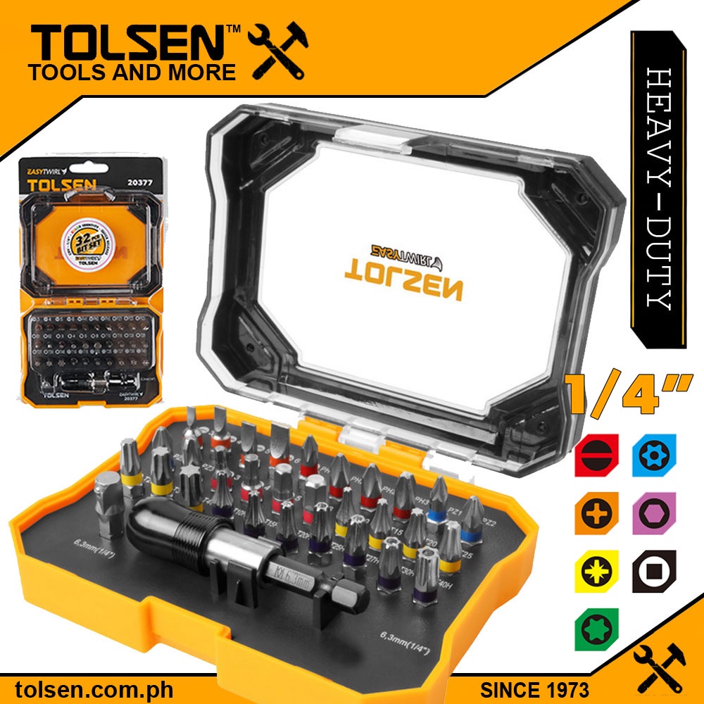 Tolsen 32pcs Bit Set & 1/4" Quick Release Holder (Philips, Flat, Hex ...
