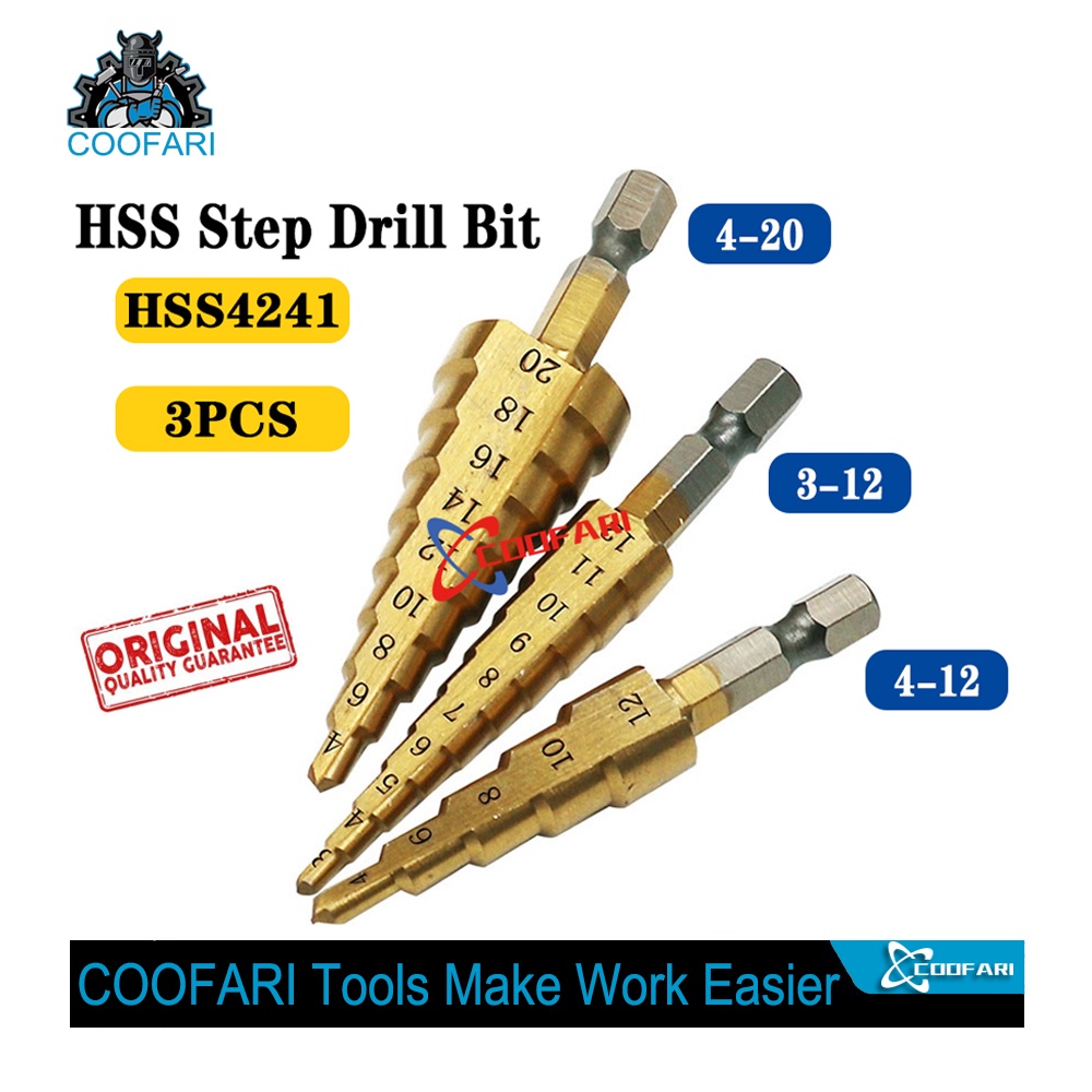 3 pcs HSS Titanium Coated Step Universal Drill Bit Set, 4-12 4-20 3-12 ...