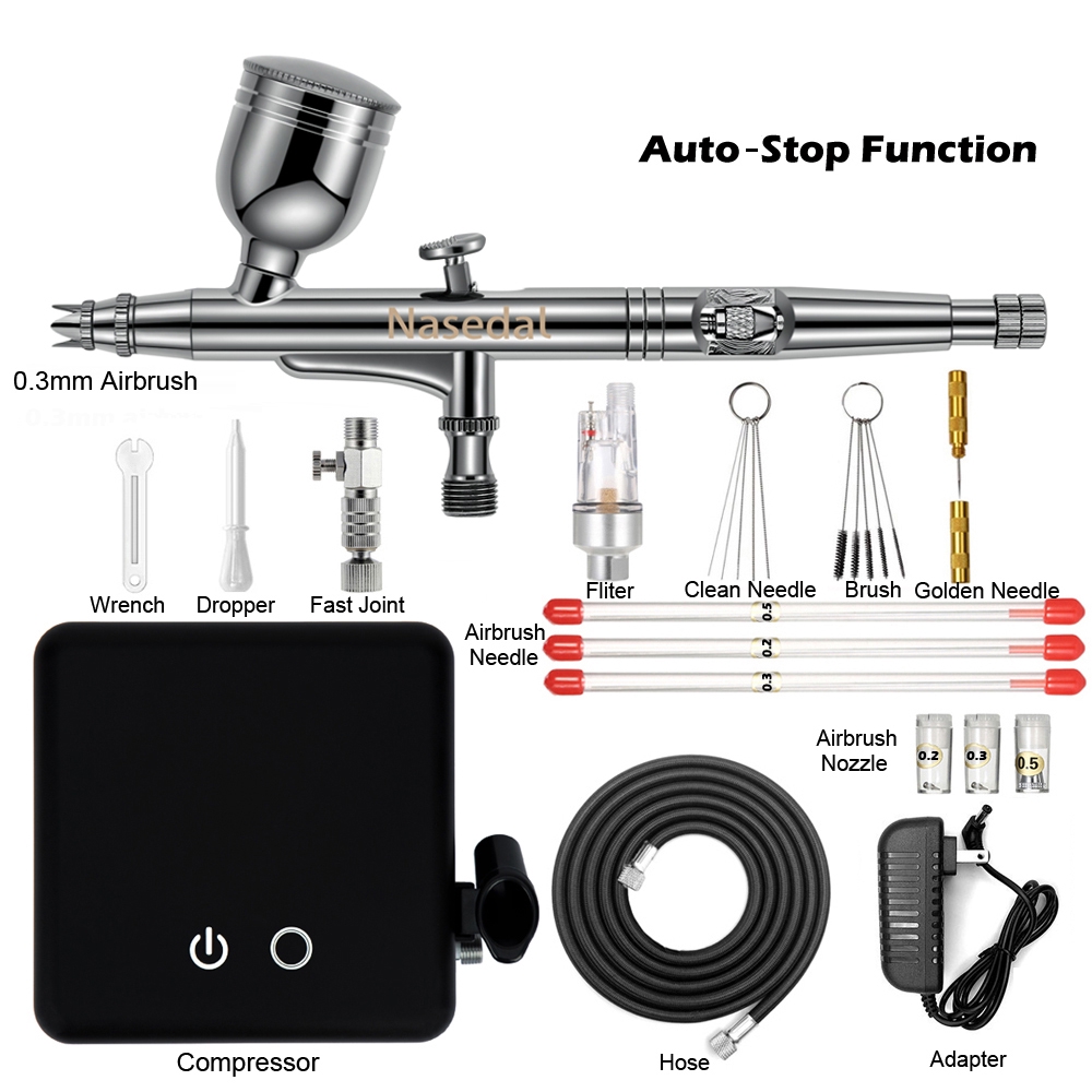 Nasedal 0.3mm Dual-Action Black Airbrush kit with Auto-Stop Compressor ...