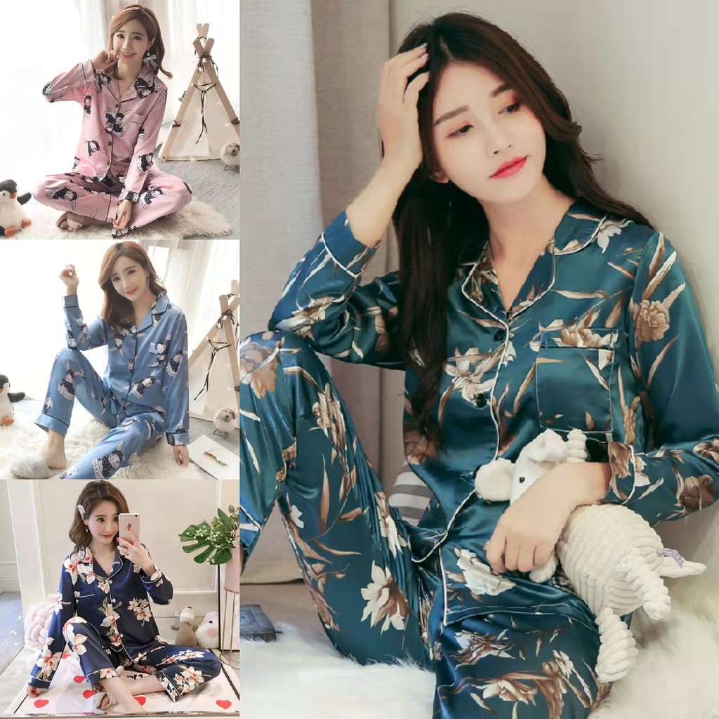 M-5XL Pajama Terno Begonia flowers Printed Women Sexy Satin pajama Set ...