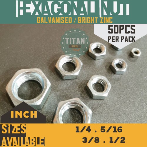 50pcs - Hex Nut (Galvanised GI / Bright Zinc BZ / White / Galvanized ...