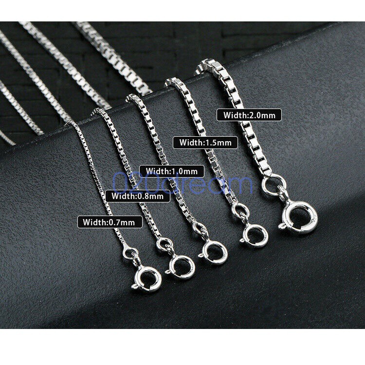 Real S925 Sterling Silver Necklace 0.7/0.8/1.0/1.5/2.0mm Box Chain 14 ...
