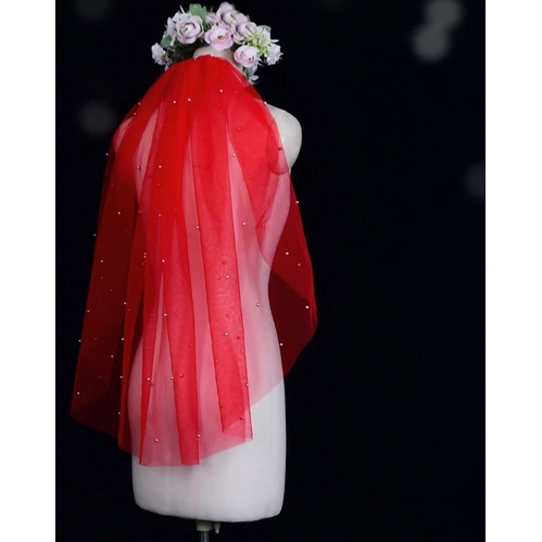 Bridal Veil Red Colored Bridal Veil Indian Bridal Red Veil with Pearl ...