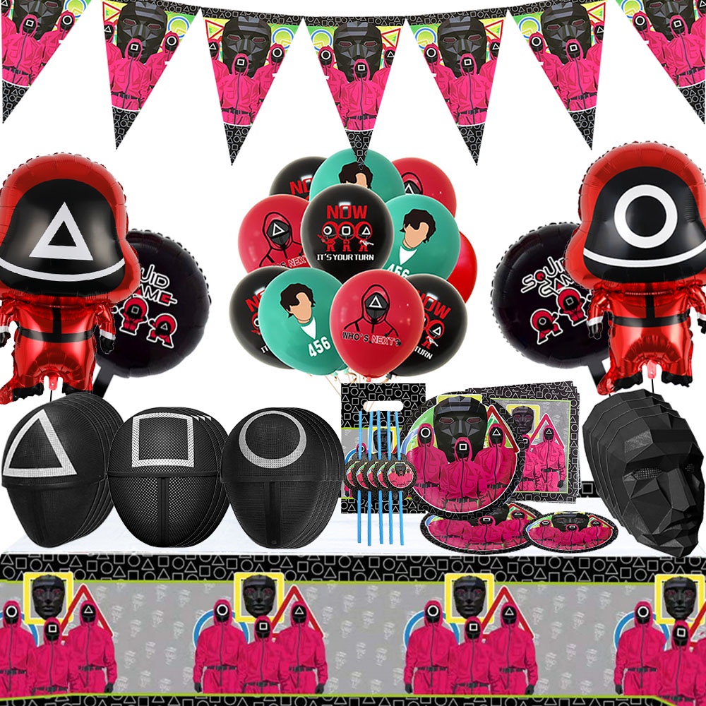 Squid Game Theme Party Supplies Invitation Card Masked Man Balloons ...