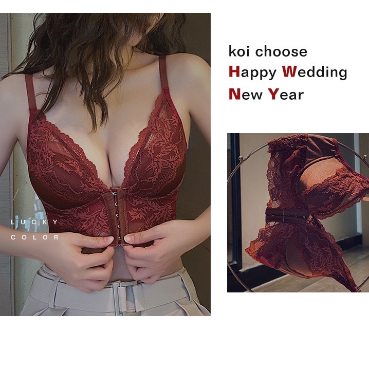 Women Front Closure Sexy Embroidery Lace Push Up Padded Gathered