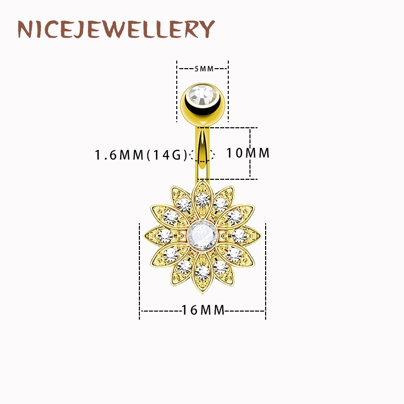 Crystal Sunflower Navel Rings 3 Colors Stainless Steel Belly Button ...