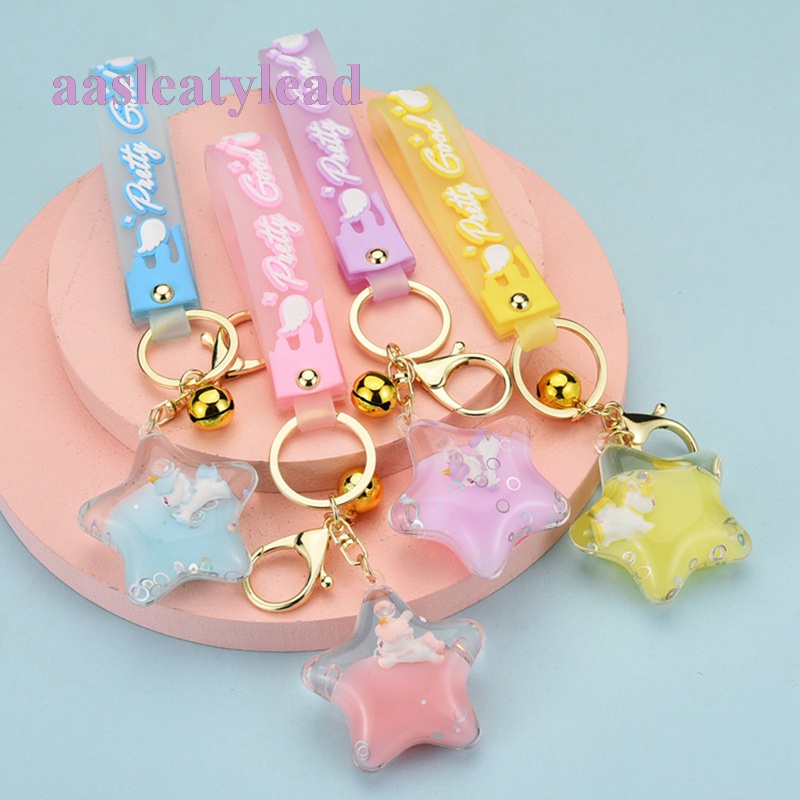 Cartoon Moving Liquid Quicksand Unicorn Keychain Glitter Five pointed ...