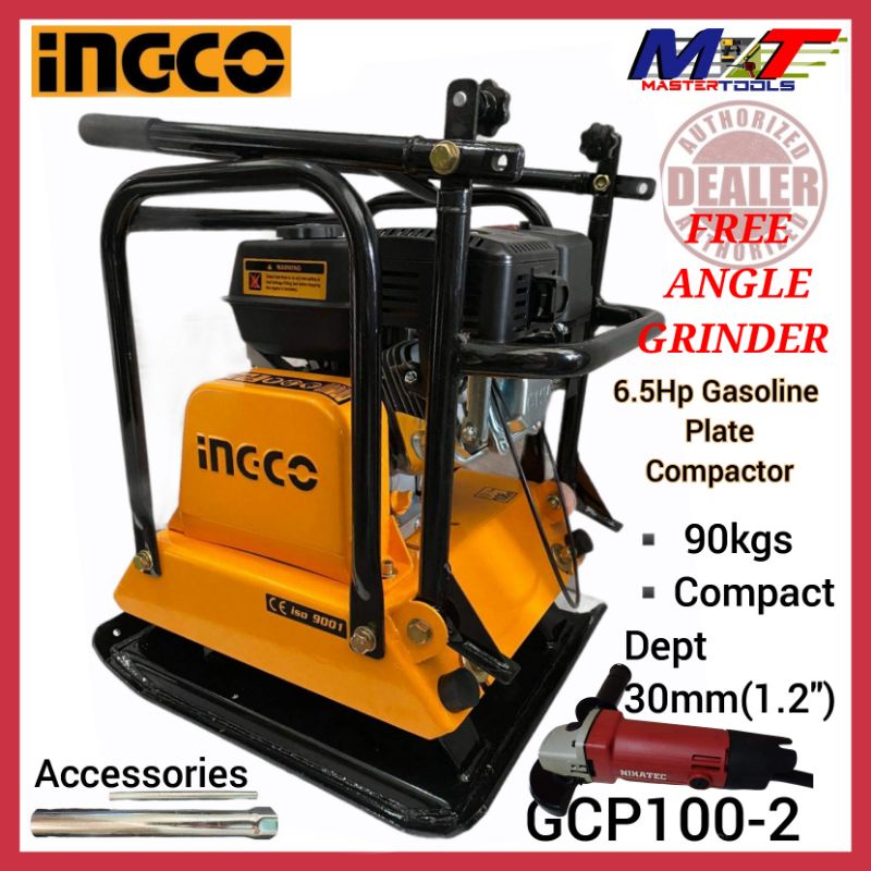 INGCO Gasoline Plate Compactor 4.8KW 6.5HP GCP100-2 Free Angle Grinder ...