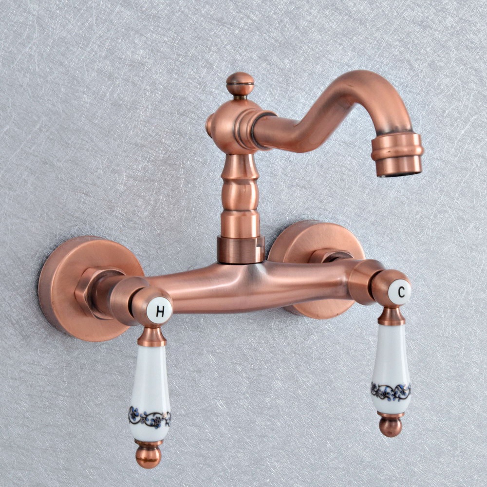 Antique Red Copper Wall Mounted Vanity Faucet Dual Hole Bathroom Sink ...