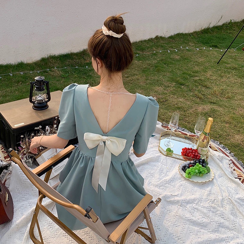 summer blue dress korean dress for woman casual dress puff sleeve dress ...