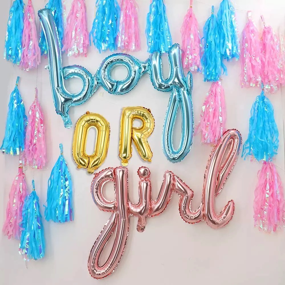 Boy or Girl Foil Balloons Pink Blue Tassel Baby Shower Gender Reveal ...